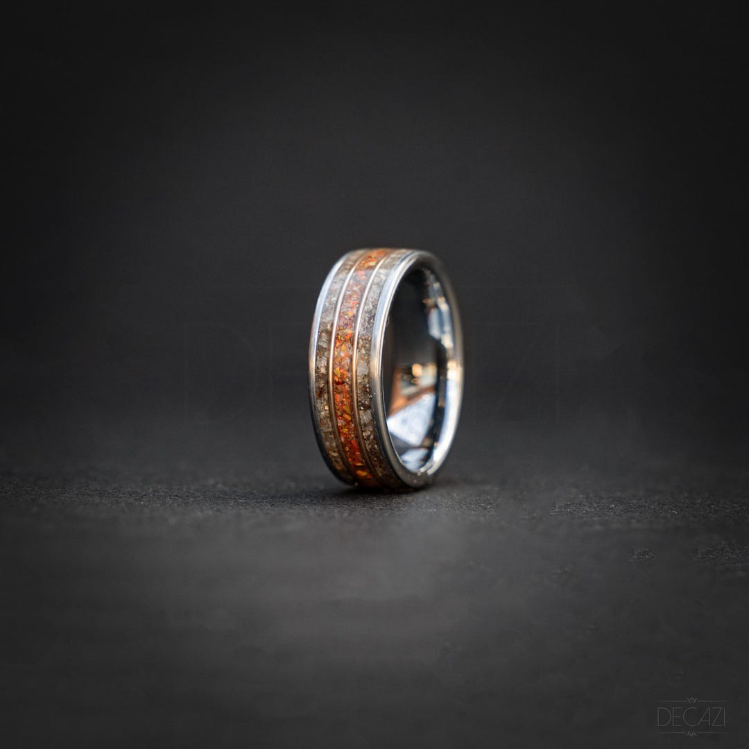 Trex Dinosaur Bone Fire Opal Tungsten Ring, Fire Opal Ring, Men's Wedding Bands, Dinosaur Ring ...