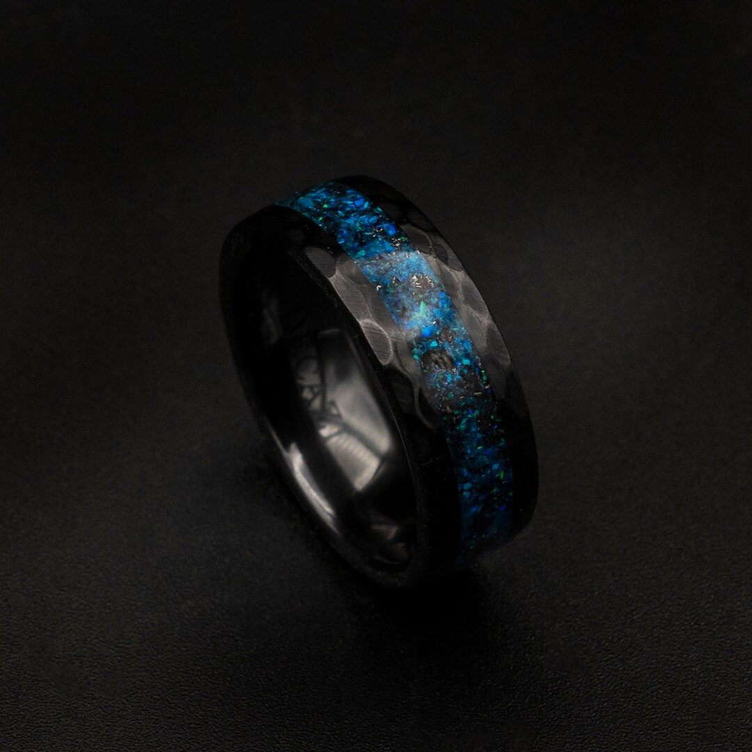 Black Ceramic Opal Inlay Wedding Band, Unique Wedding Band, Galaxy ...