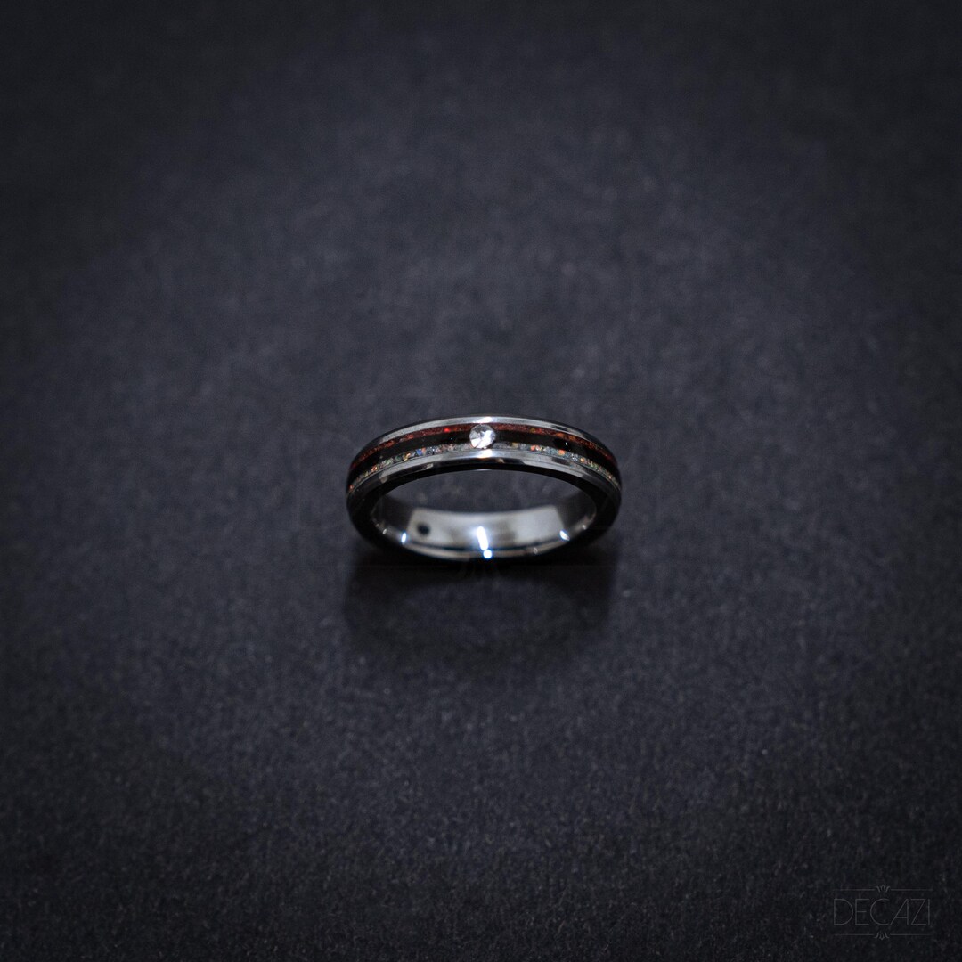 Beveled Silver Tungsten “capture Ball” Ring – Red + White Opal Inlay ...