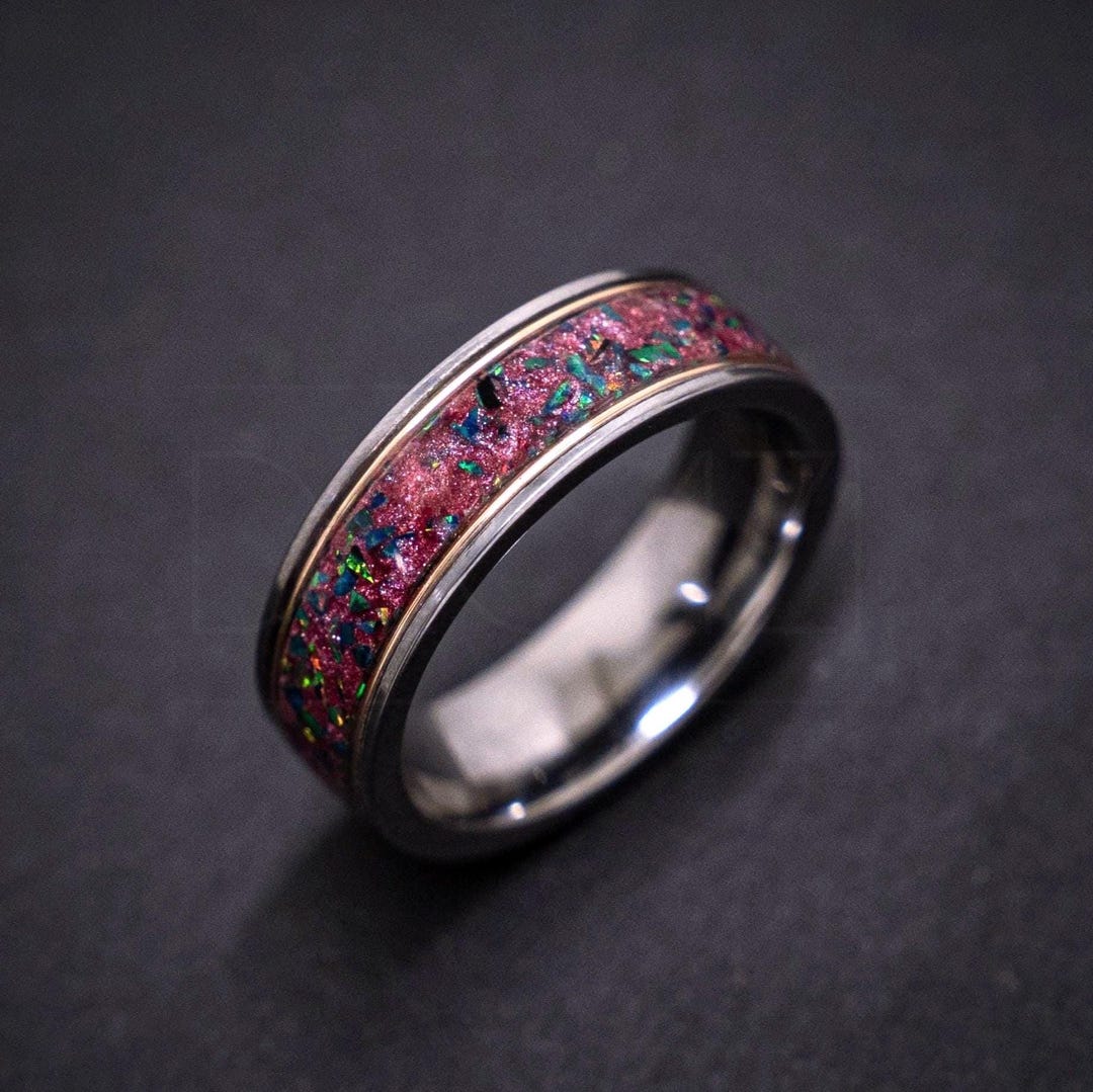 Silver Tungsten Wedding Band 8mm – Nebula Galaxy Inlay + Black Opal ...