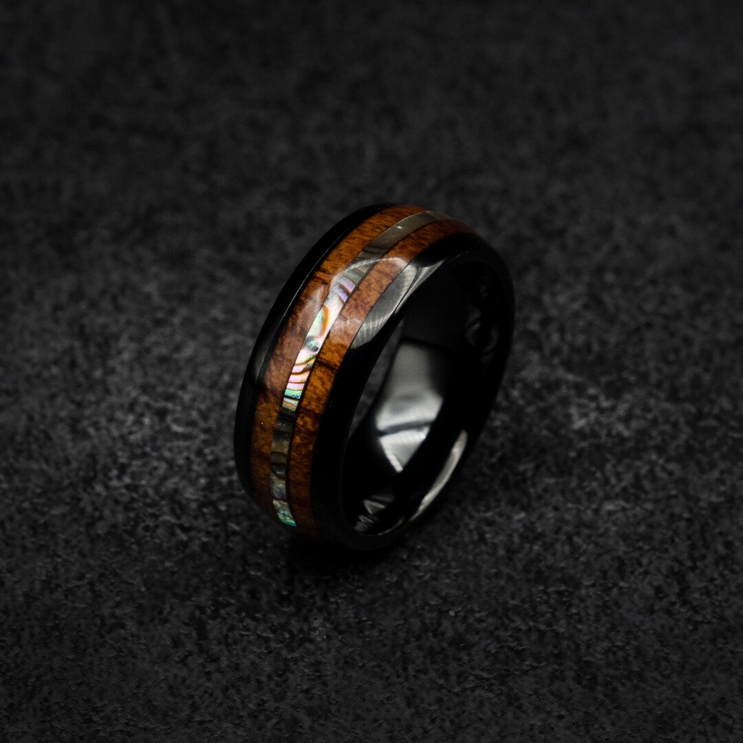 Mens Wood Ring, Koa Wood, Black Ceramic Ring, Abalone Shell, Mens ...