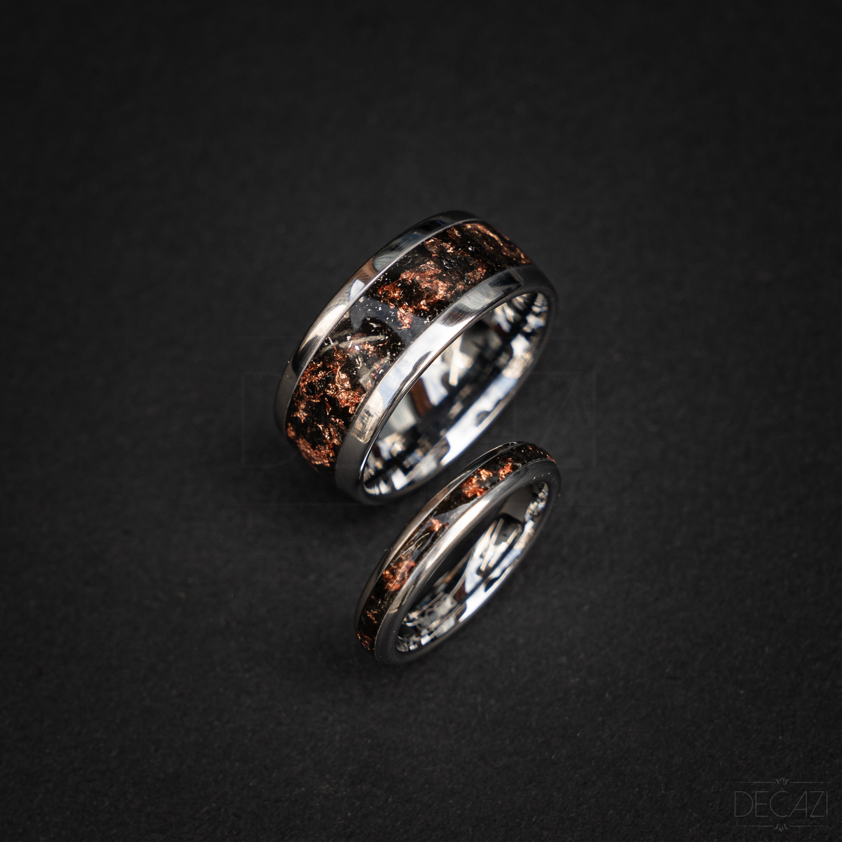 Meteorite Dust Rose Gold Leaf Wedding Ring Set, Wedding Gold Foil ...