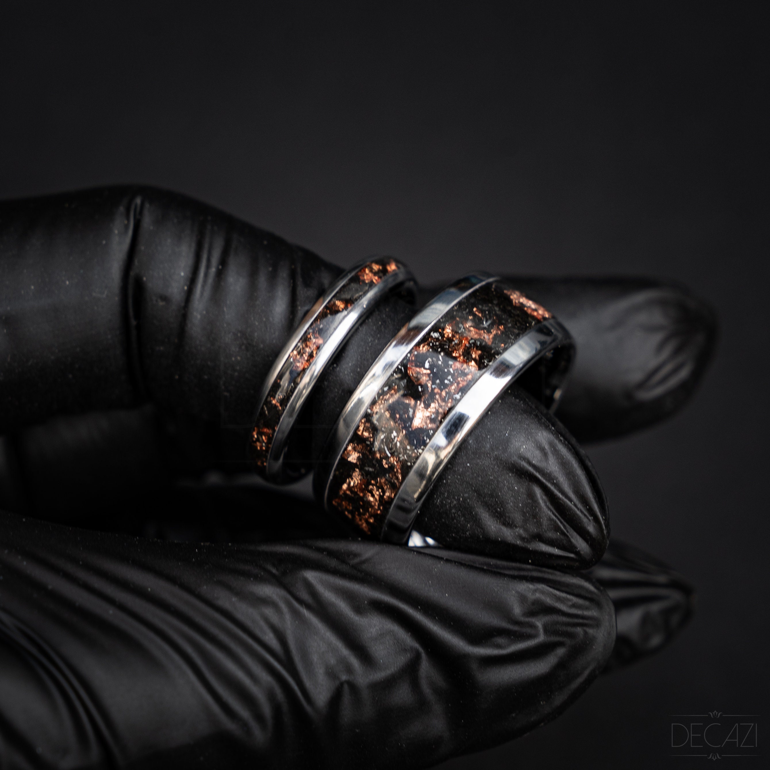 Meteorite Dust Rose Gold Leaf Wedding Ring Set, Wedding Gold Foil ...