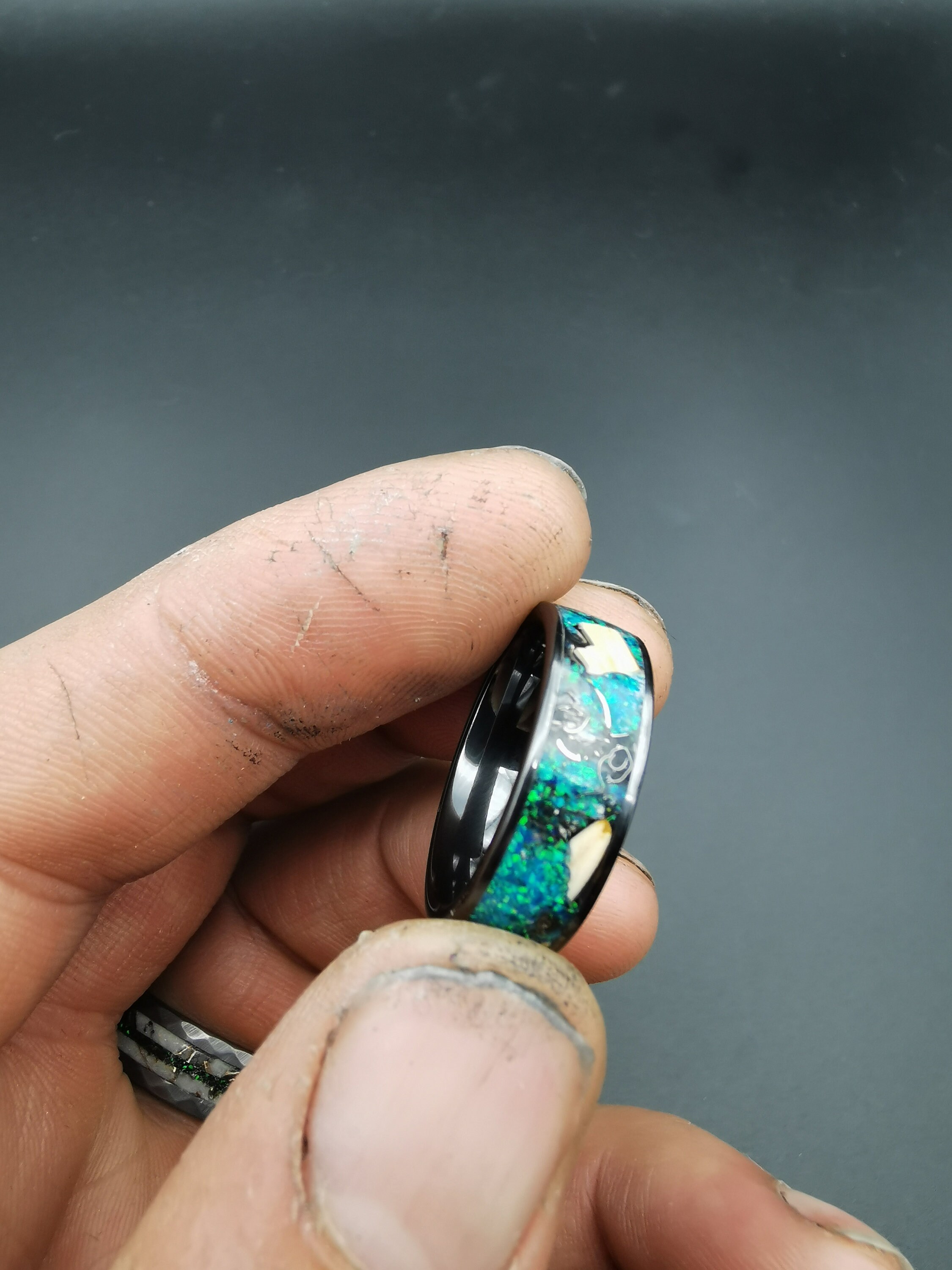black Ceramic ring, dinosaur bone fossil ring, green opal, opal ...