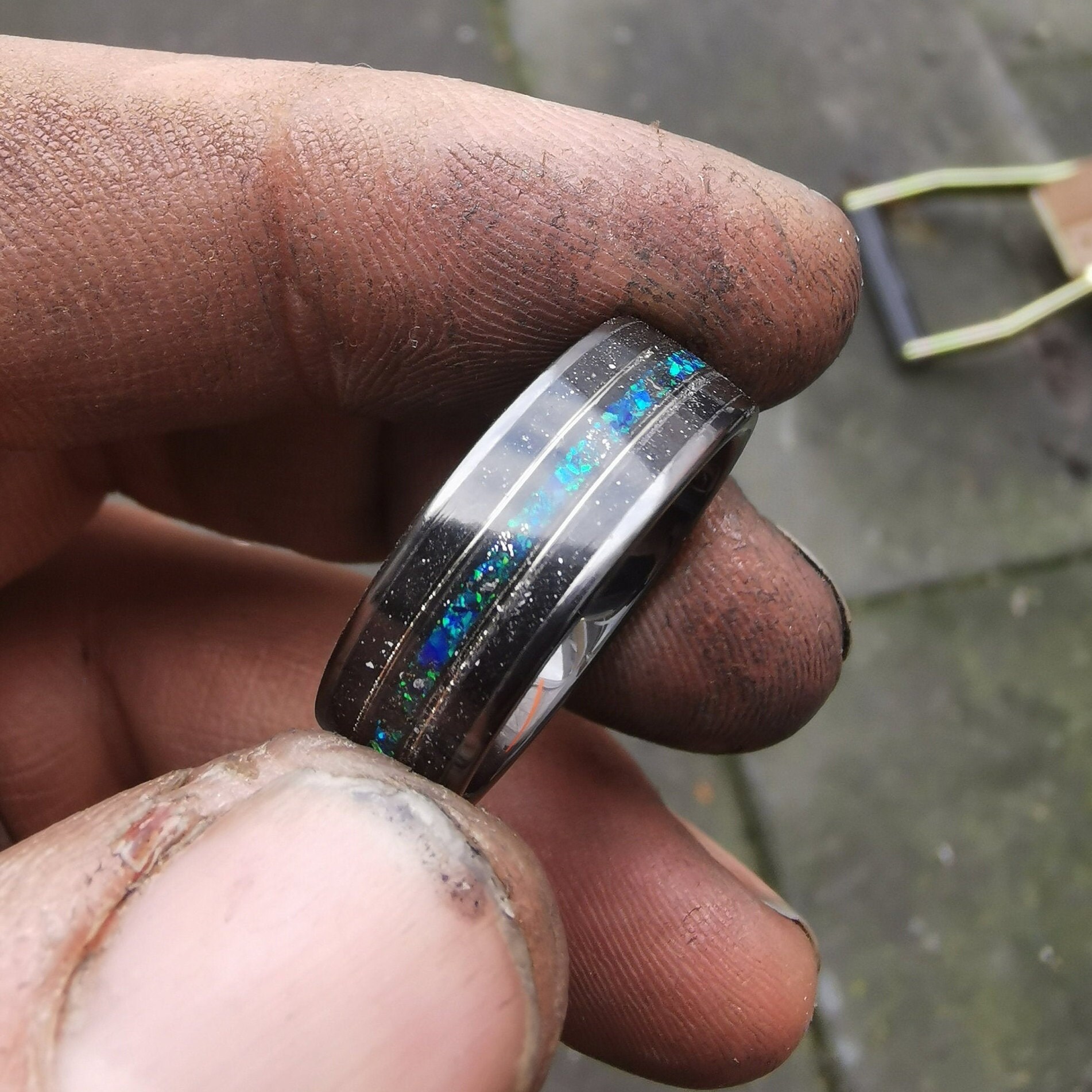 Blue Opal Black Ceramic Ring Gold Wire Opal Ring Mens | Etsy