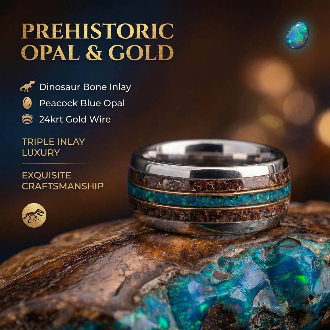 Dinosaur Bone Fossil Blue Fire Opal Ring, Unique Personalized Handmade ...
