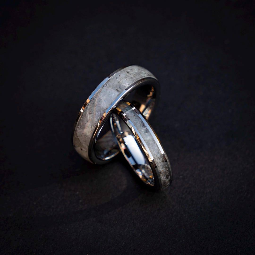 Silver Tungsten Ring Set With Rainbow Moonstone Inlay, Spiritual ...
