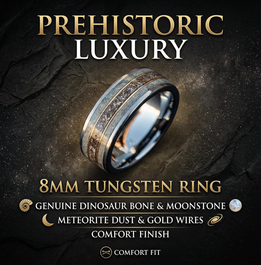 Trex Dinosaur Bone Moonstone Tungsten Ring, Moon Ring, Rainbow ...