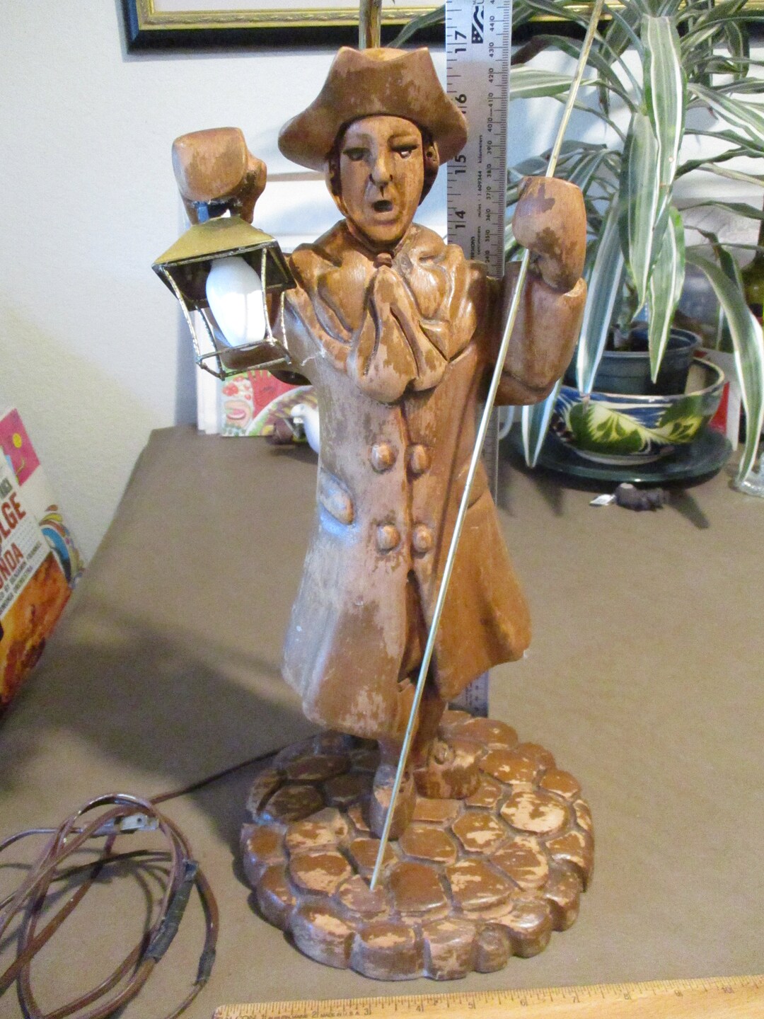 Vintage Colonial Man Wood Table Lamp Lamplighter Town Crier Watchman ...