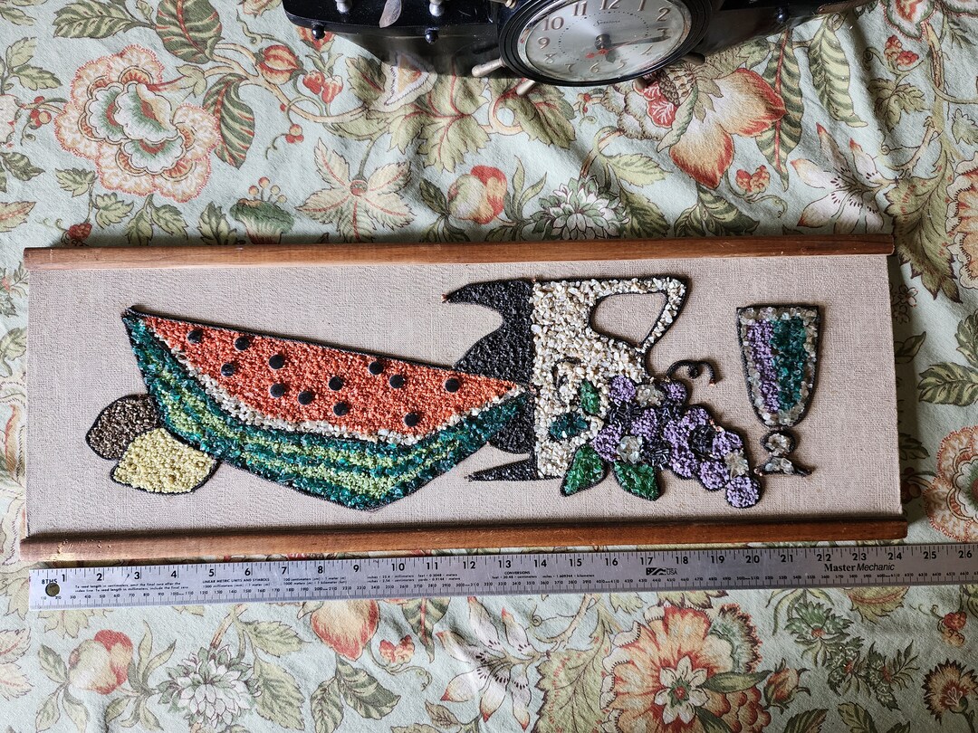Vintage Gravel Art Rock Pebble Wall Decor Watermelon Grapes Pitcher ...