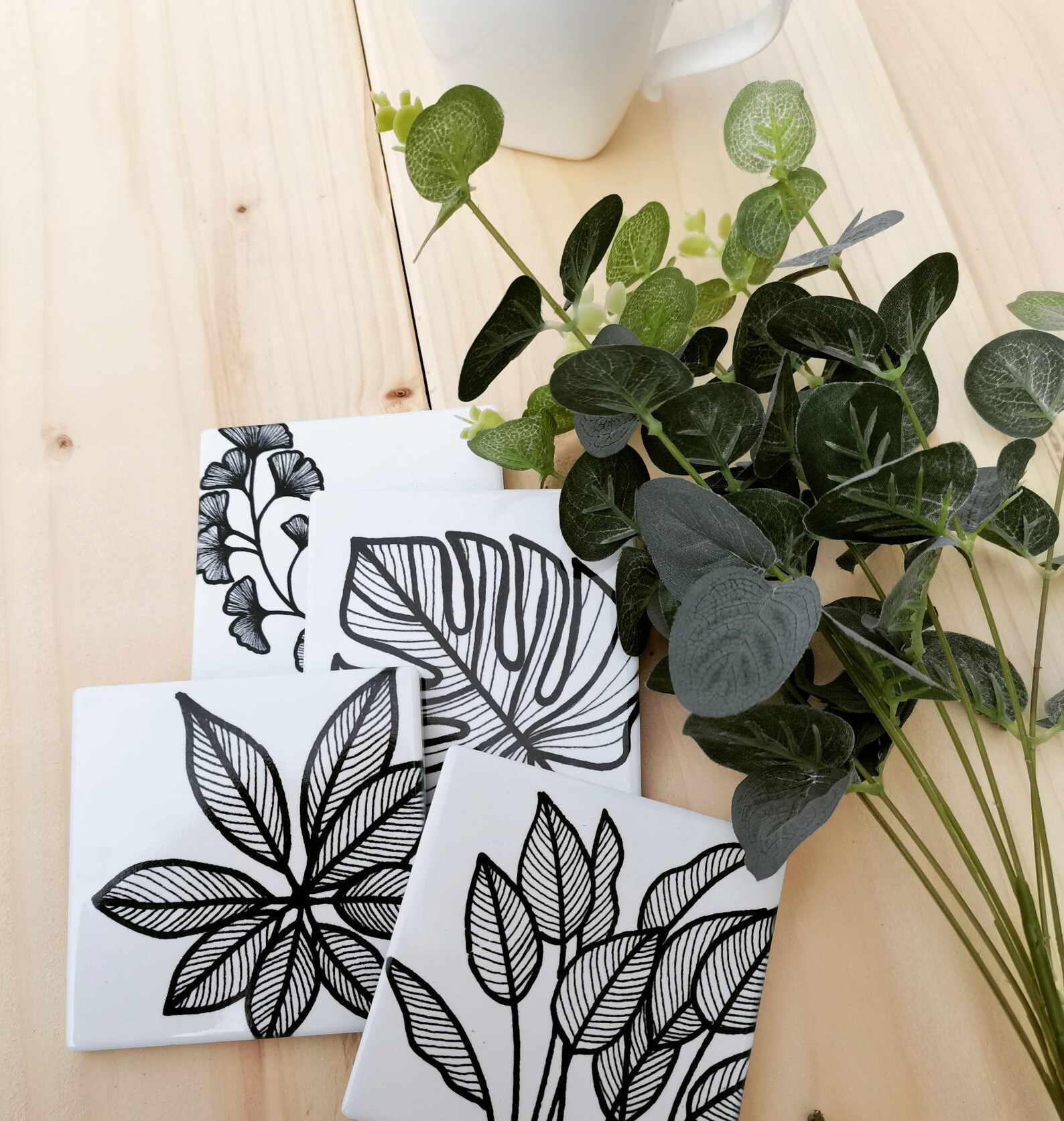 Botanical Ceramic Coasters. Monochrome. Bohoo Decor Black and White ...