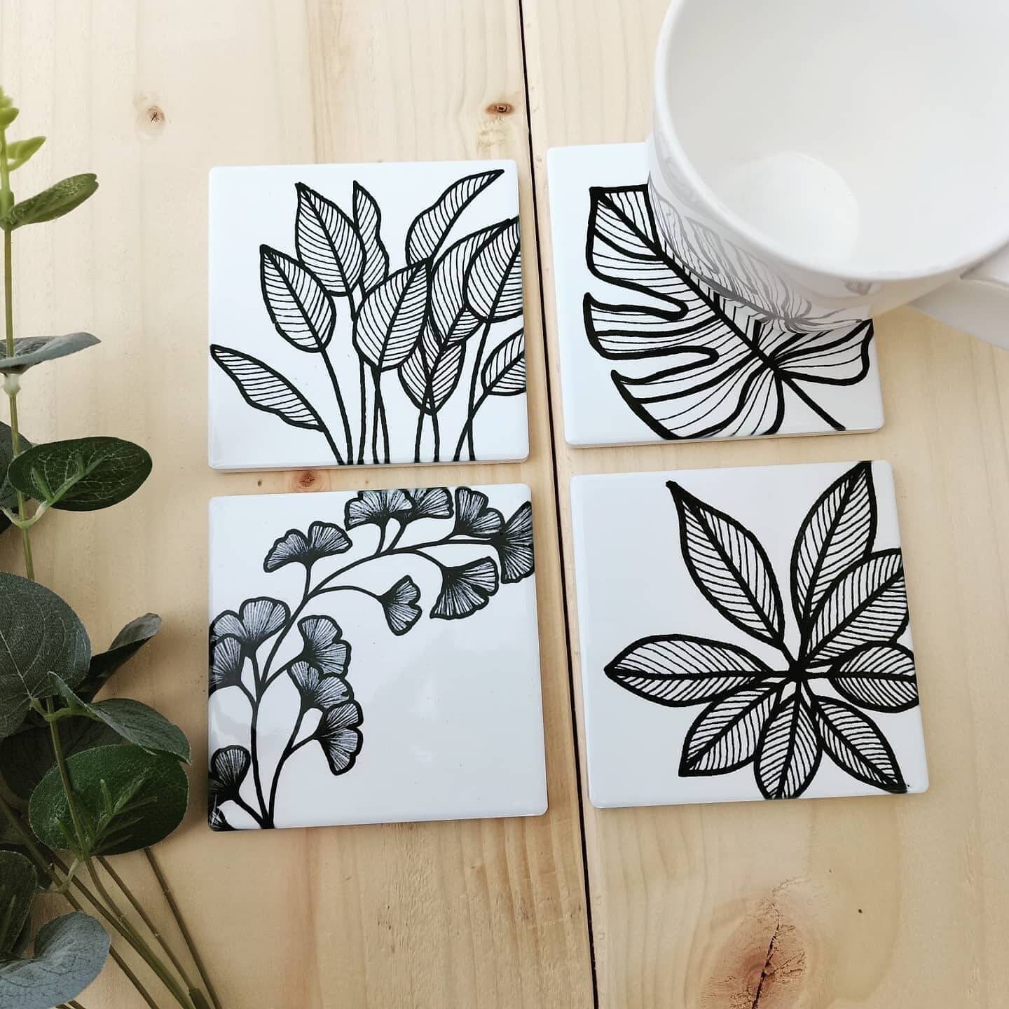 Botanical Ceramic Coasters. Monochrome. Bohoo Decor Black and White ...