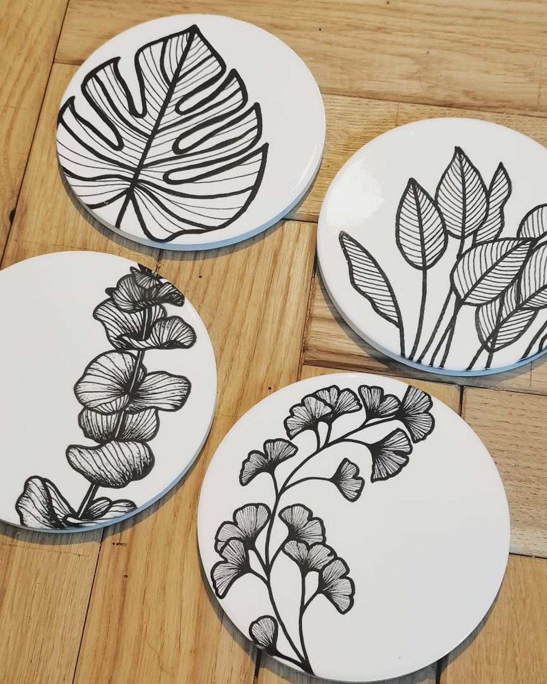 Botanical Ceramic Coasters. Monochrome. Bohoo Decor Black and White ...