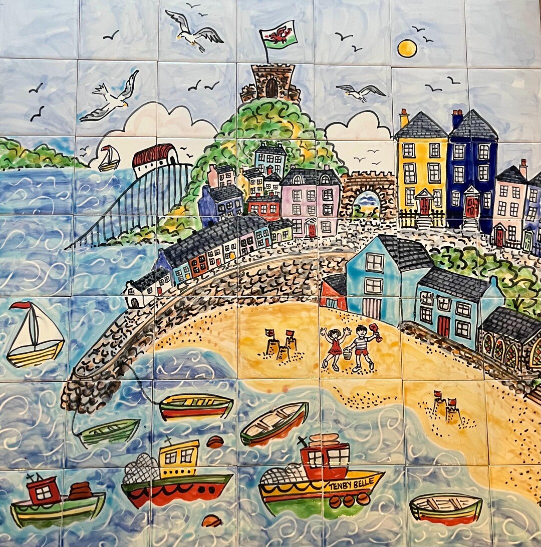 Handpainted Seaside Tile Mural - Etsy UK