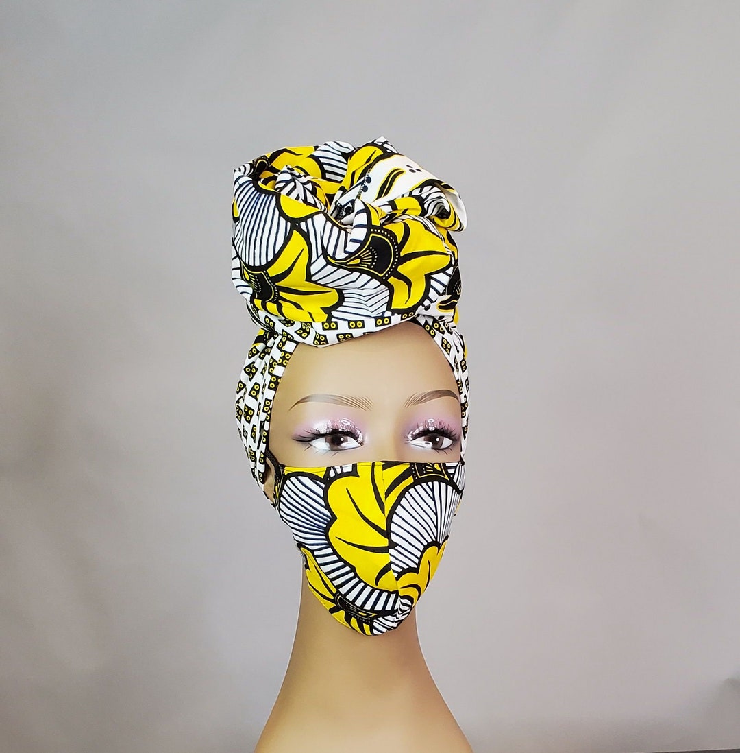 African Print Head Wrap and Face Mask Set | Reusable | Washable ...