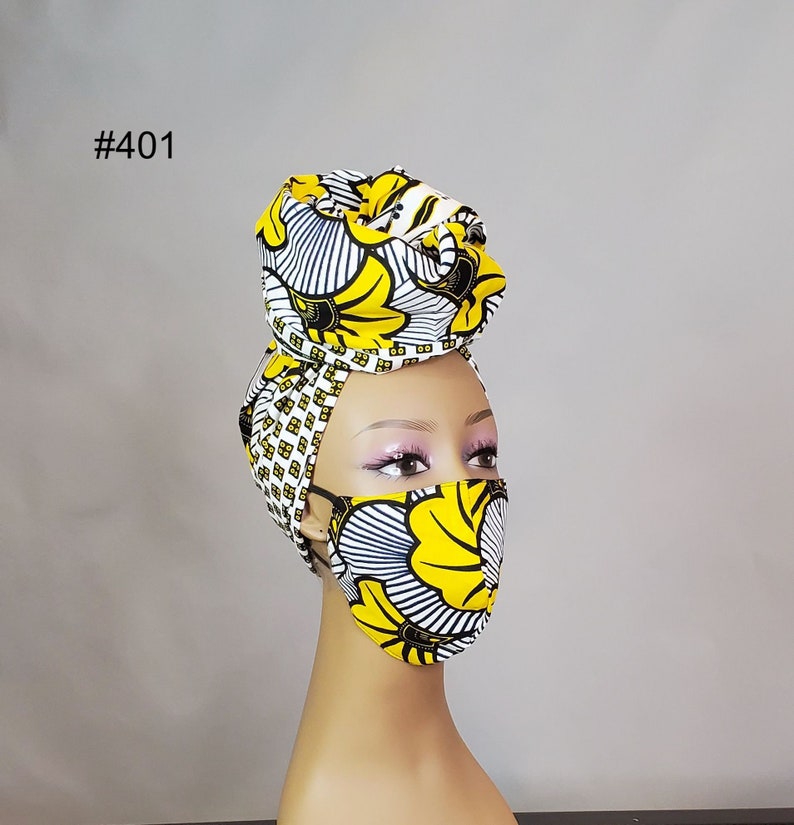 Blue African Print Head Wrap and Face Mask Set Reusable | Etsy