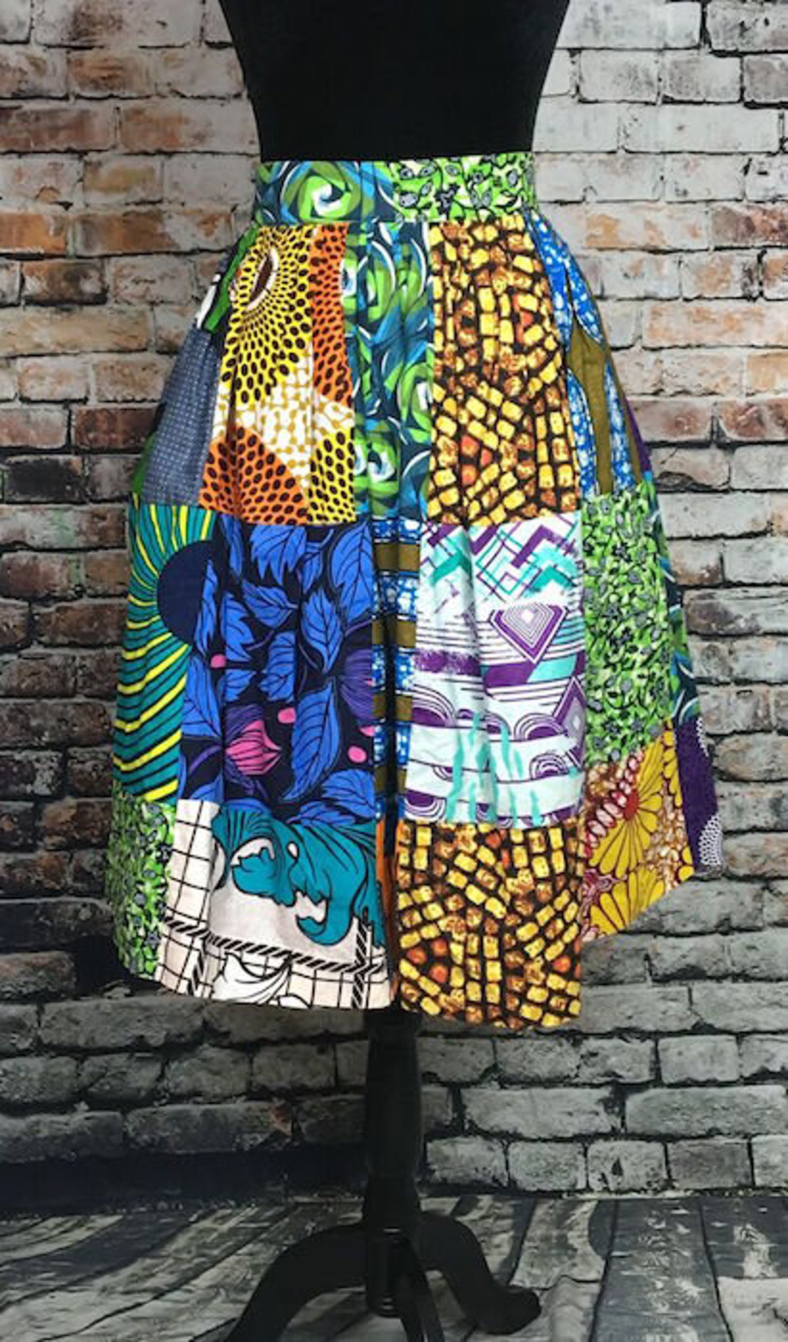 Sara African Patch Print Midi Skirt Green Tones | Etsy