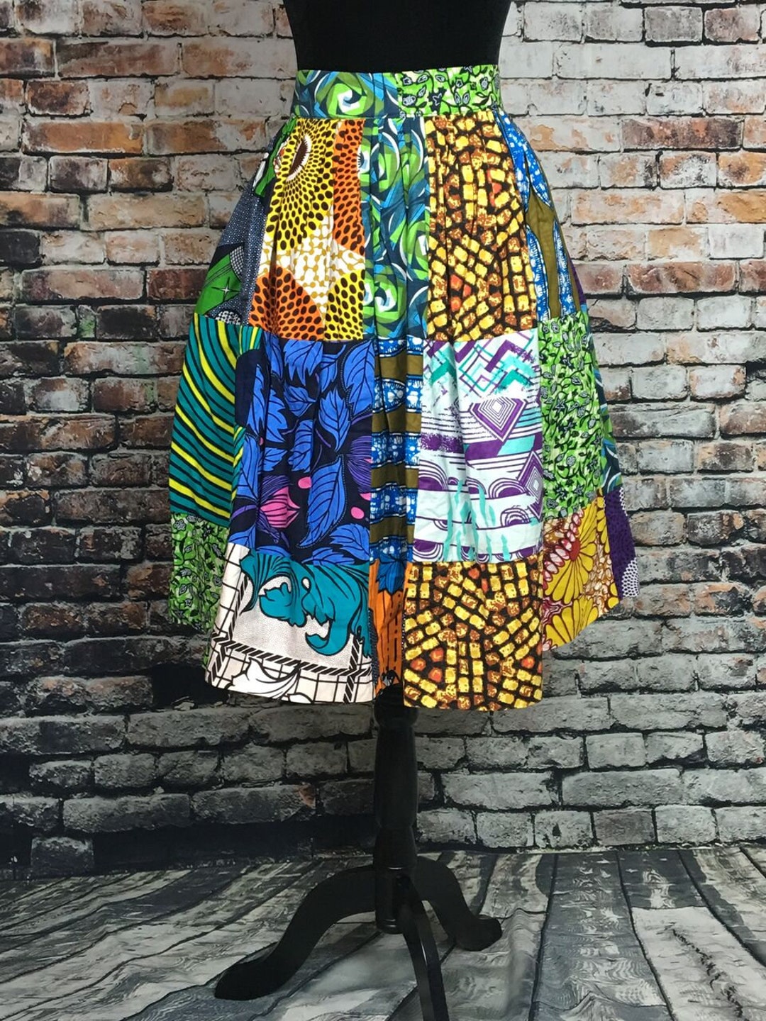 Sara African Patch Print Midi Skirt Green Tones - Etsy