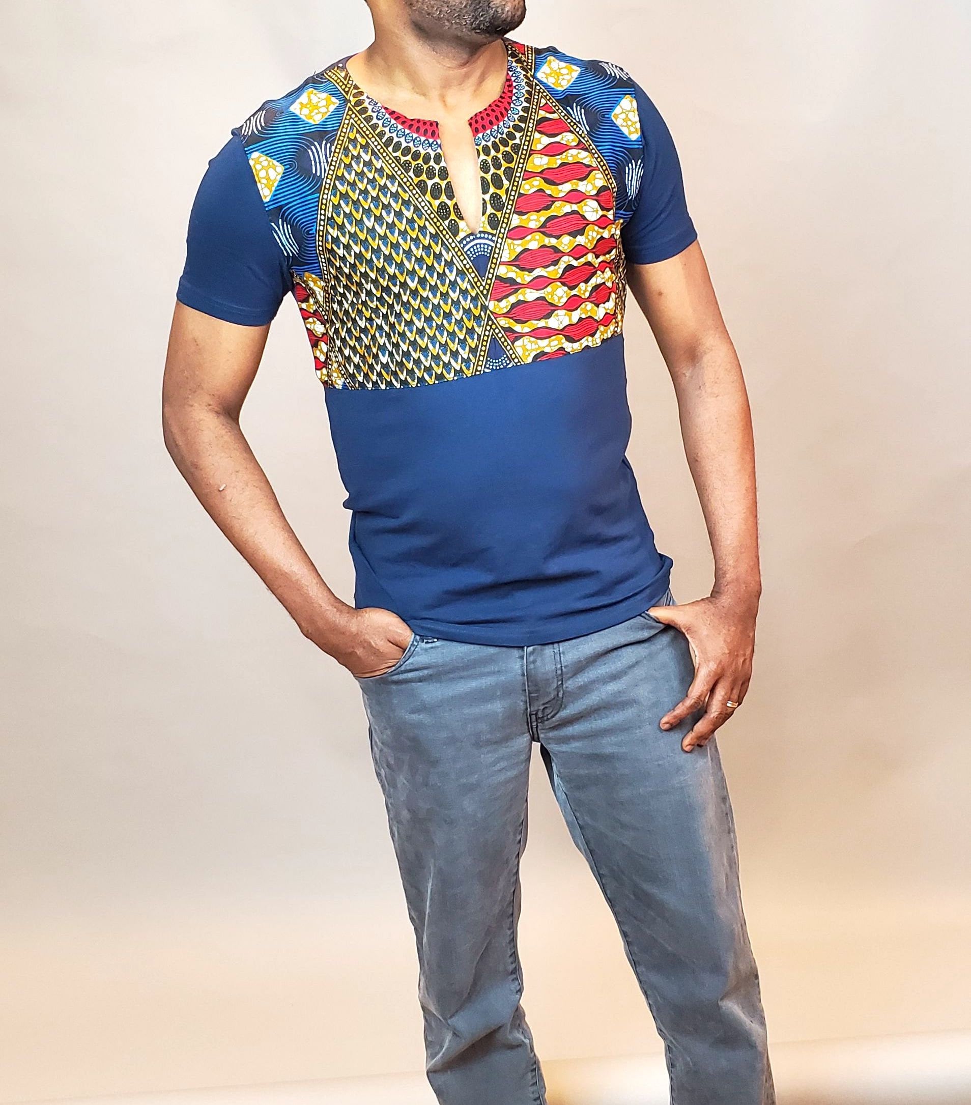 Men's African Print T-shirt Blue Cotton Fabric Ankara | Etsy