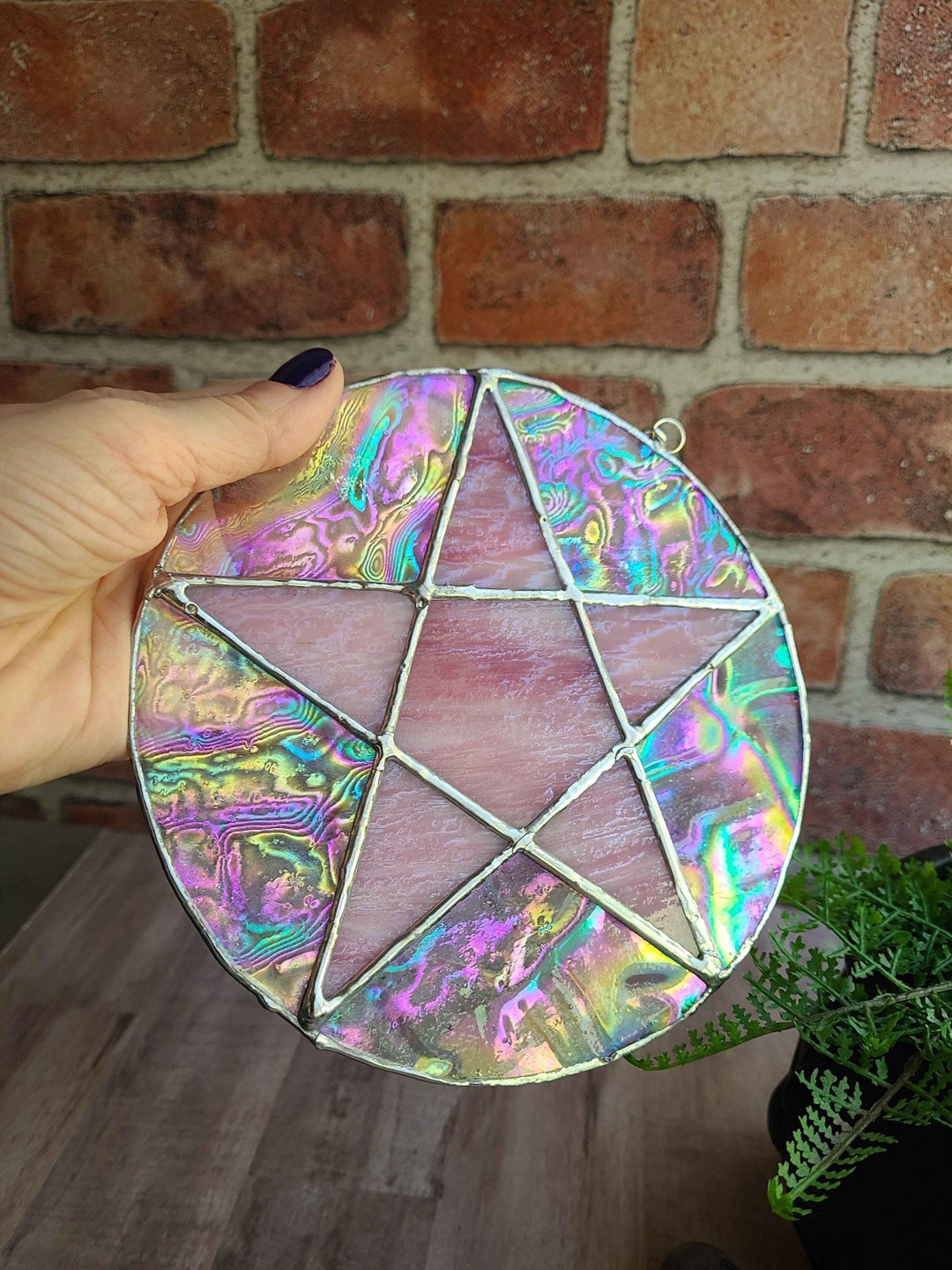 Pink and Iridescent Stained Glass Hanging Pentacle - Etsy