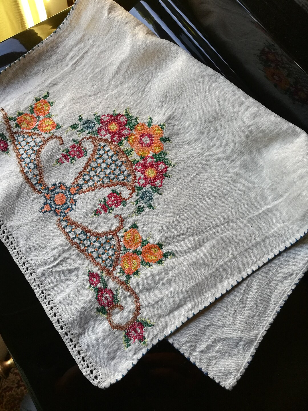 Embroidered Linen Table Topper - Etsy