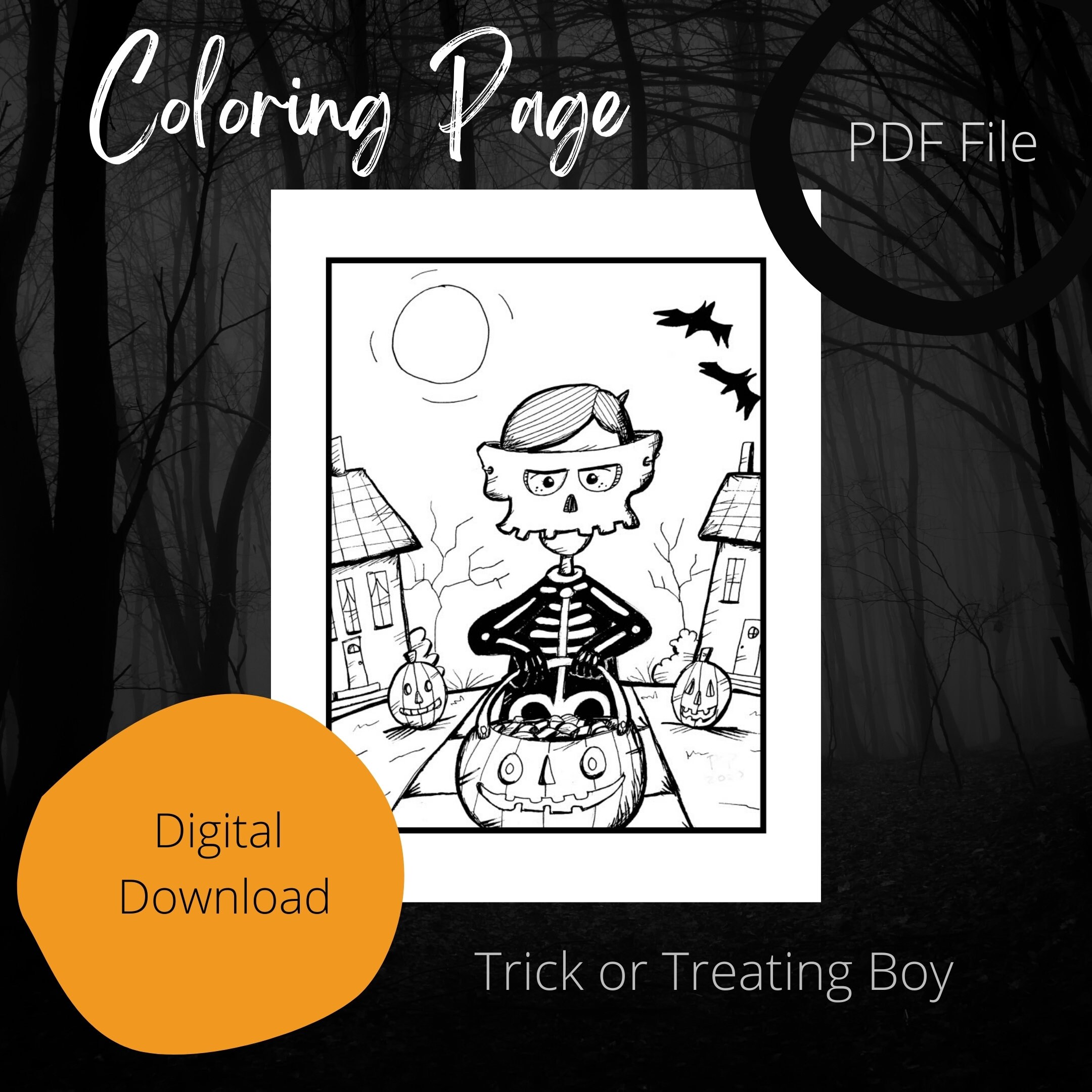 Printable Coloring Page, Hand Drawn, Halloween Trick or Treating Boy ...