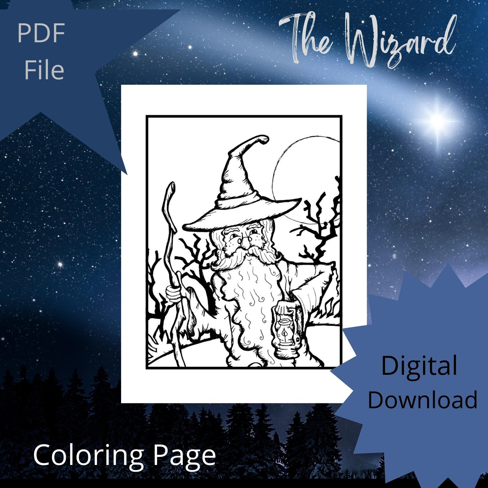 Printable Wizard Coloring Page, Digital Download, Wizard, Magic, Hand ...