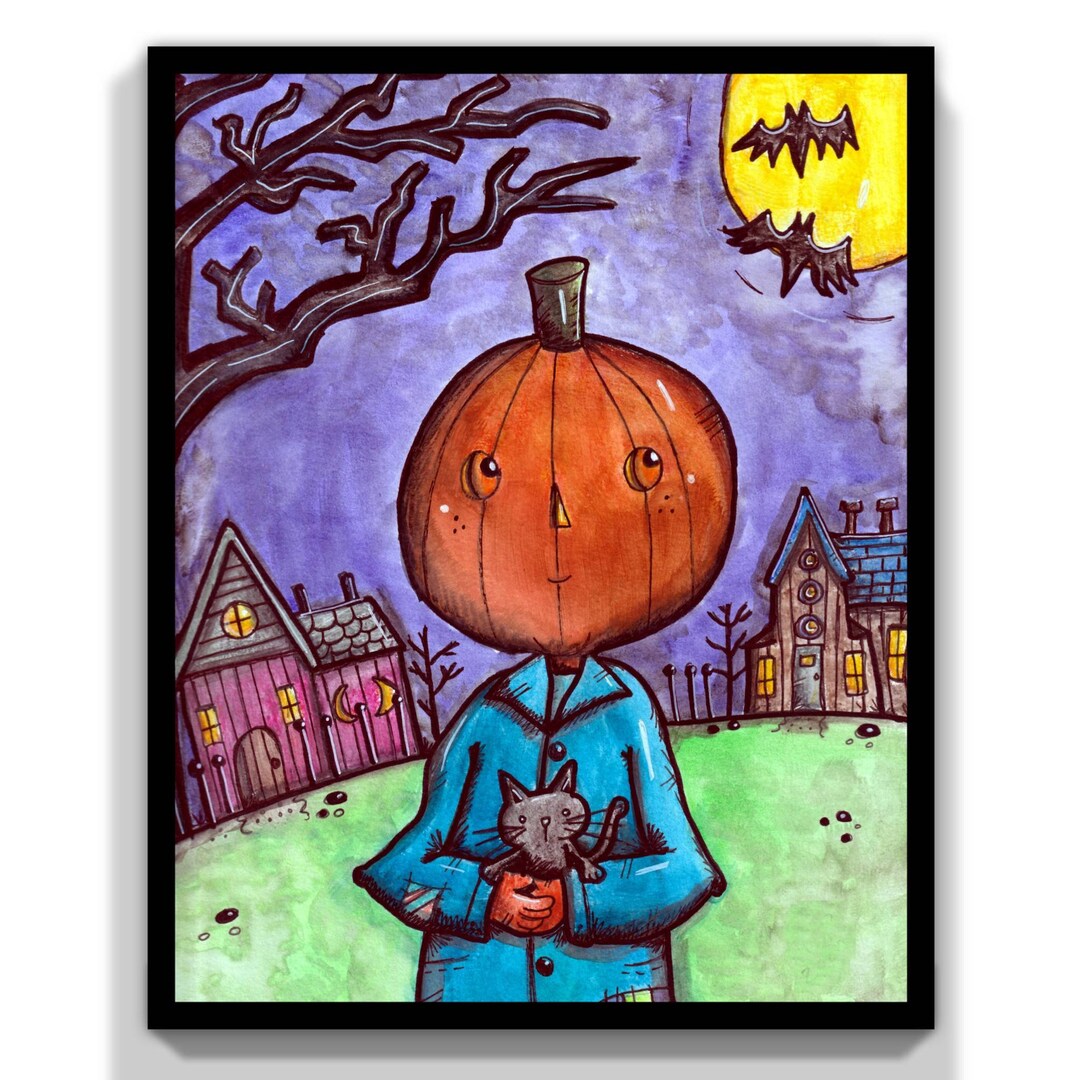 Jack O Lantern, Pumpkin Head Boy, Folkart Halloween, Art Print ...