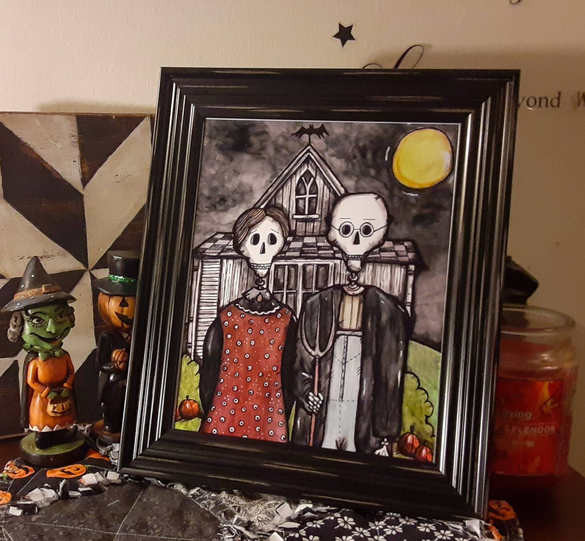 Skeleton American Gothic Folkart Halloween Art Print | Etsy