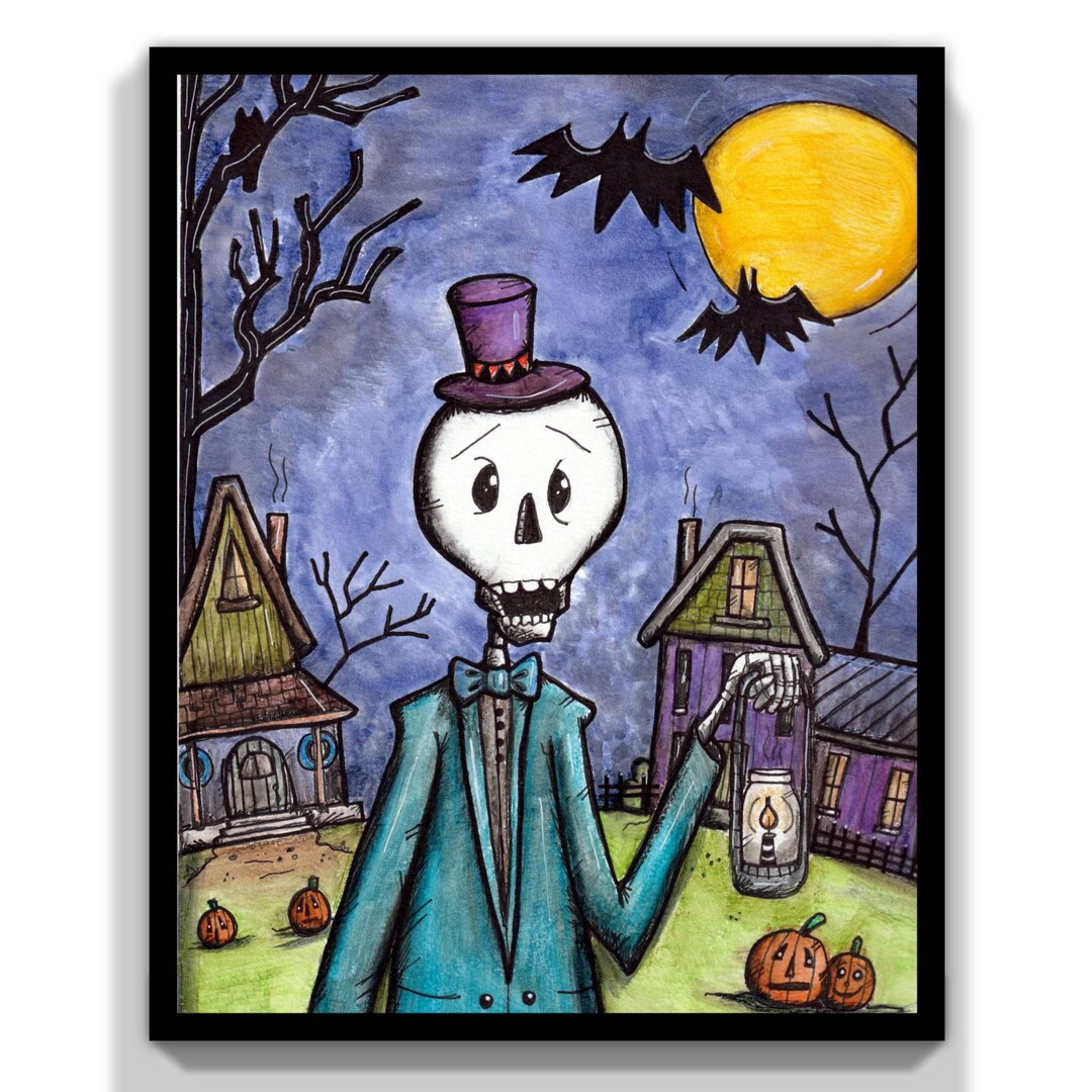 Folk Art Skeleton, Art Print, Halloween Decor, Halloween Art ...