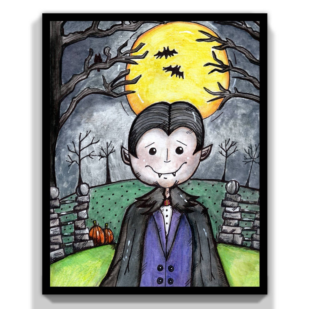 Vampire, Victor, Folkart Halloween, Art Print, Whimsical Halloween ...