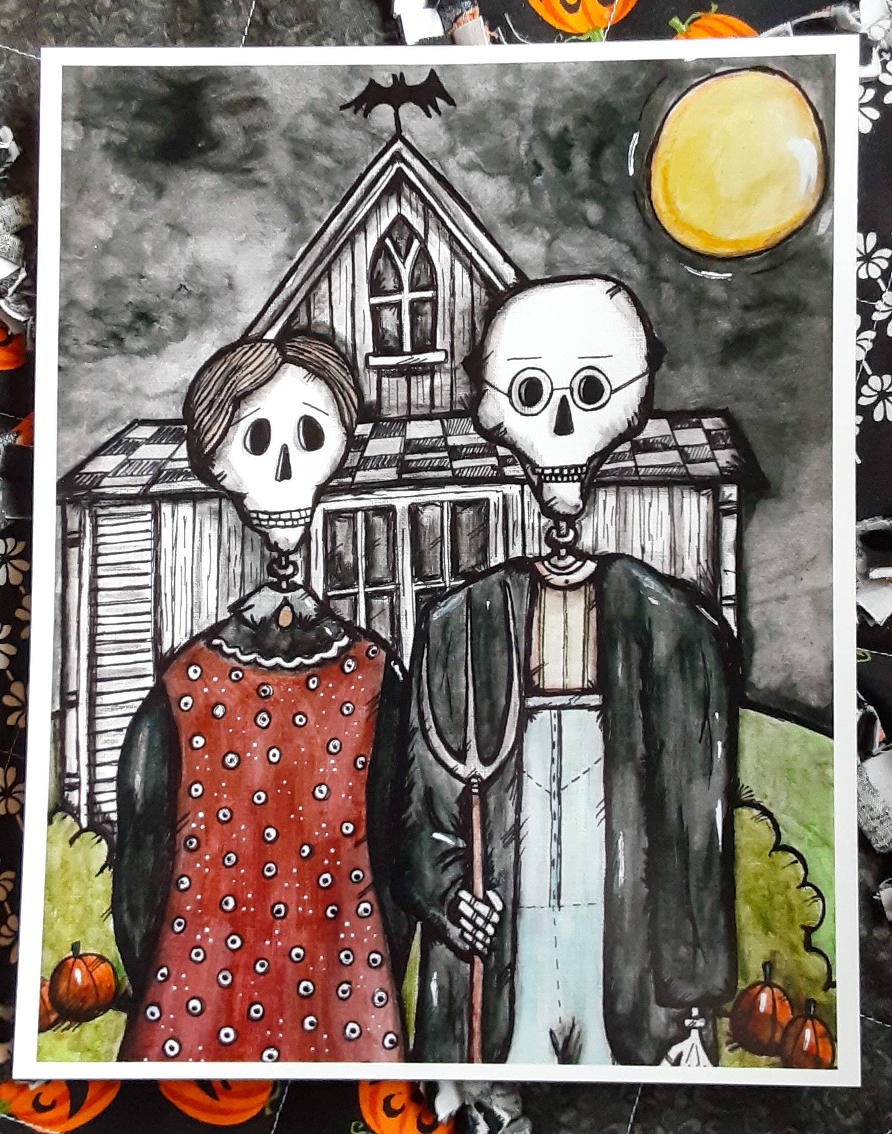 Skeleton American Gothic Art Print, Whimsical Halloween Decor - Etsy