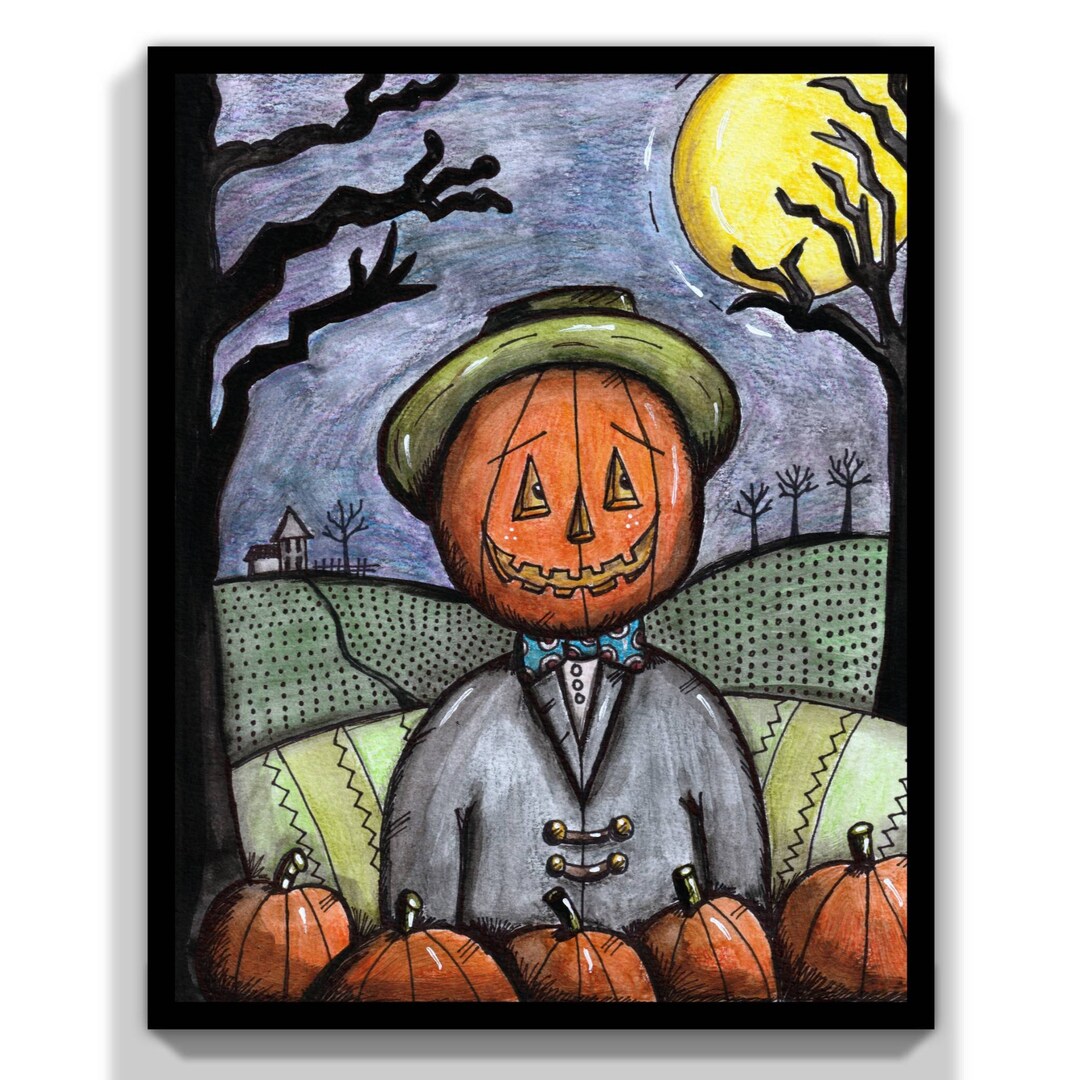 Pumpkin Head Man Art Print, Folk Art Halloween Decor - Etsy