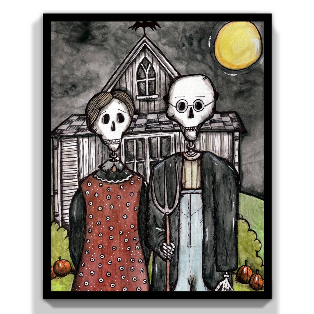 Skeleton American Gothic Art Print, Whimsical Halloween Decor - Etsy