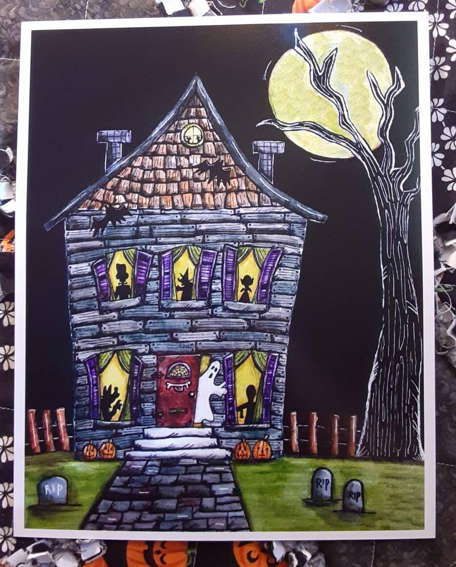 Haunted House Folkart Halloween Art Print Whimsical | Etsy