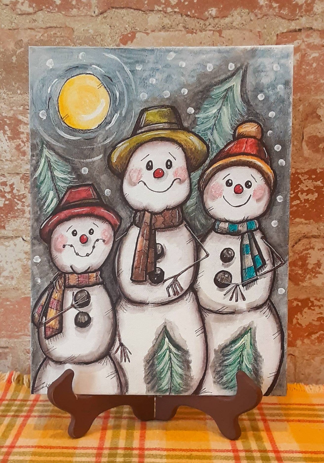 Snowman Trio Three Snowmen Winter Holiday Original Folk Art Canvas ...