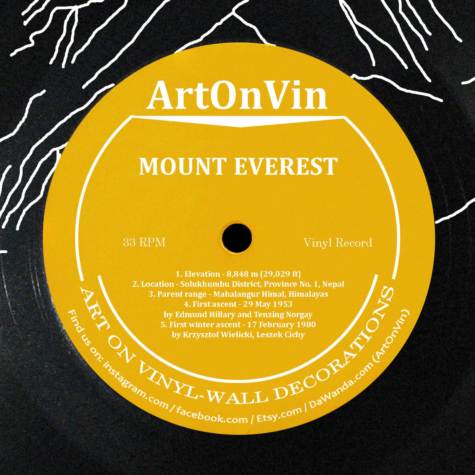 Mount Everest - Laser Cut - Carved Vinyl Record Art - Music Gift for ...