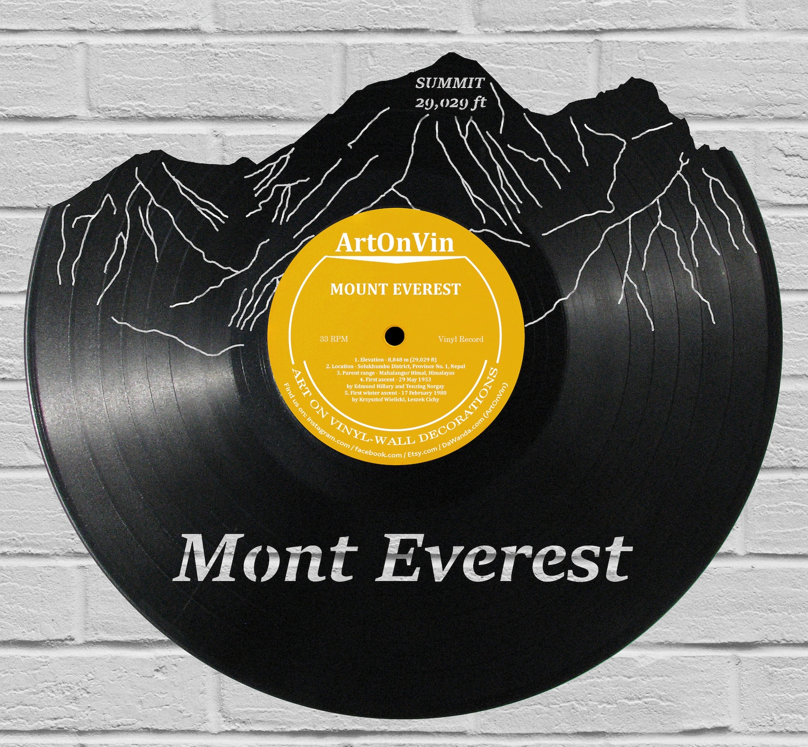 Mount Everest - Laser Cut - Carved Vinyl Record Art - Music Gift for ...