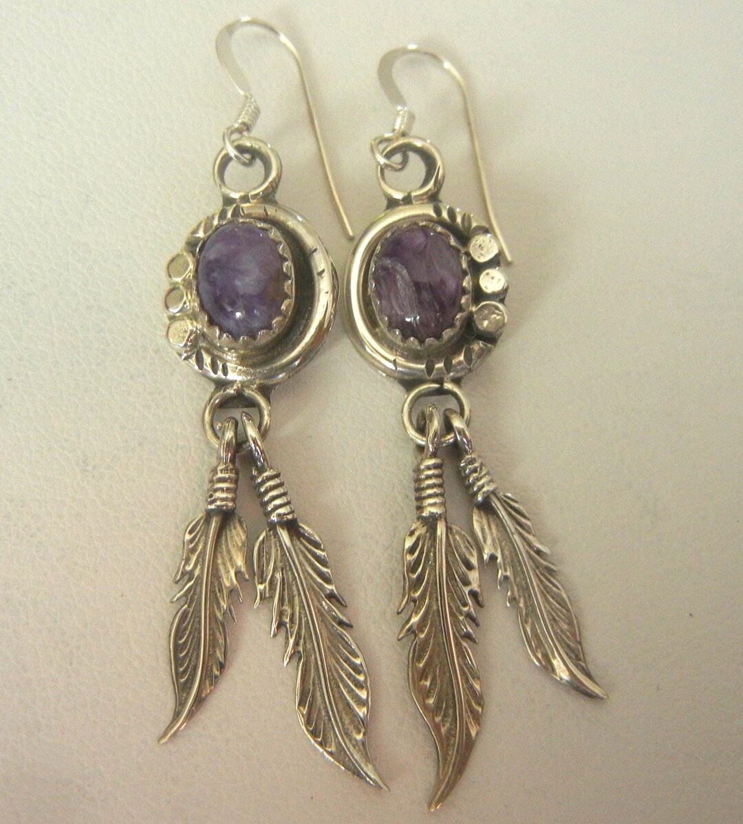 Sterling Silver Charoite Feather Earrings, Navajo Native American ...