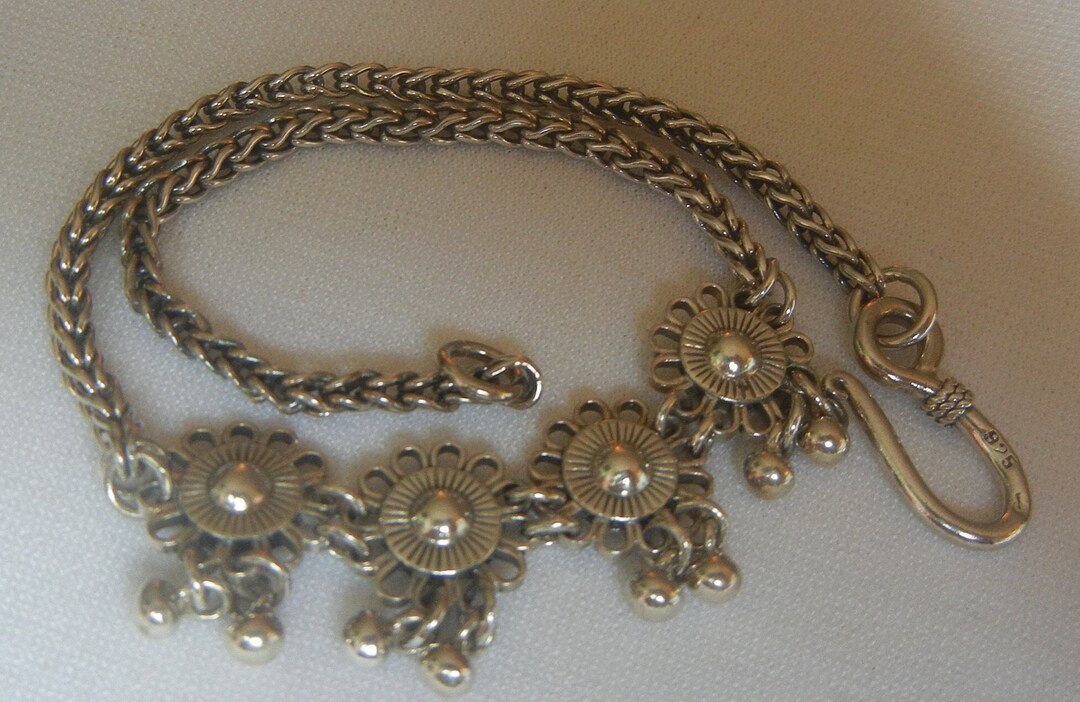 Bali Sunburst/flower Anklet Sterling Silver Wheat Chain 12.3 Grams, 10x ...