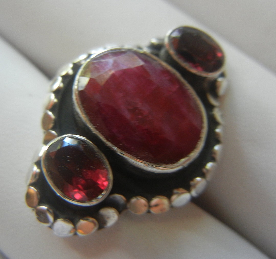 Large Vintage Ruby, Garnet & Sterling Silver Ring 10.8 Grams, 1-1/4"x1 ...