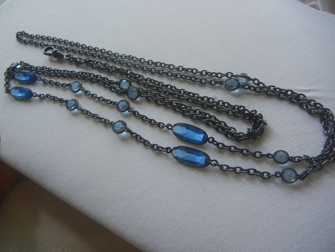 Antique Victorian Gunmetal & Blue Crystal Paste 60" Necklace, Fob ...