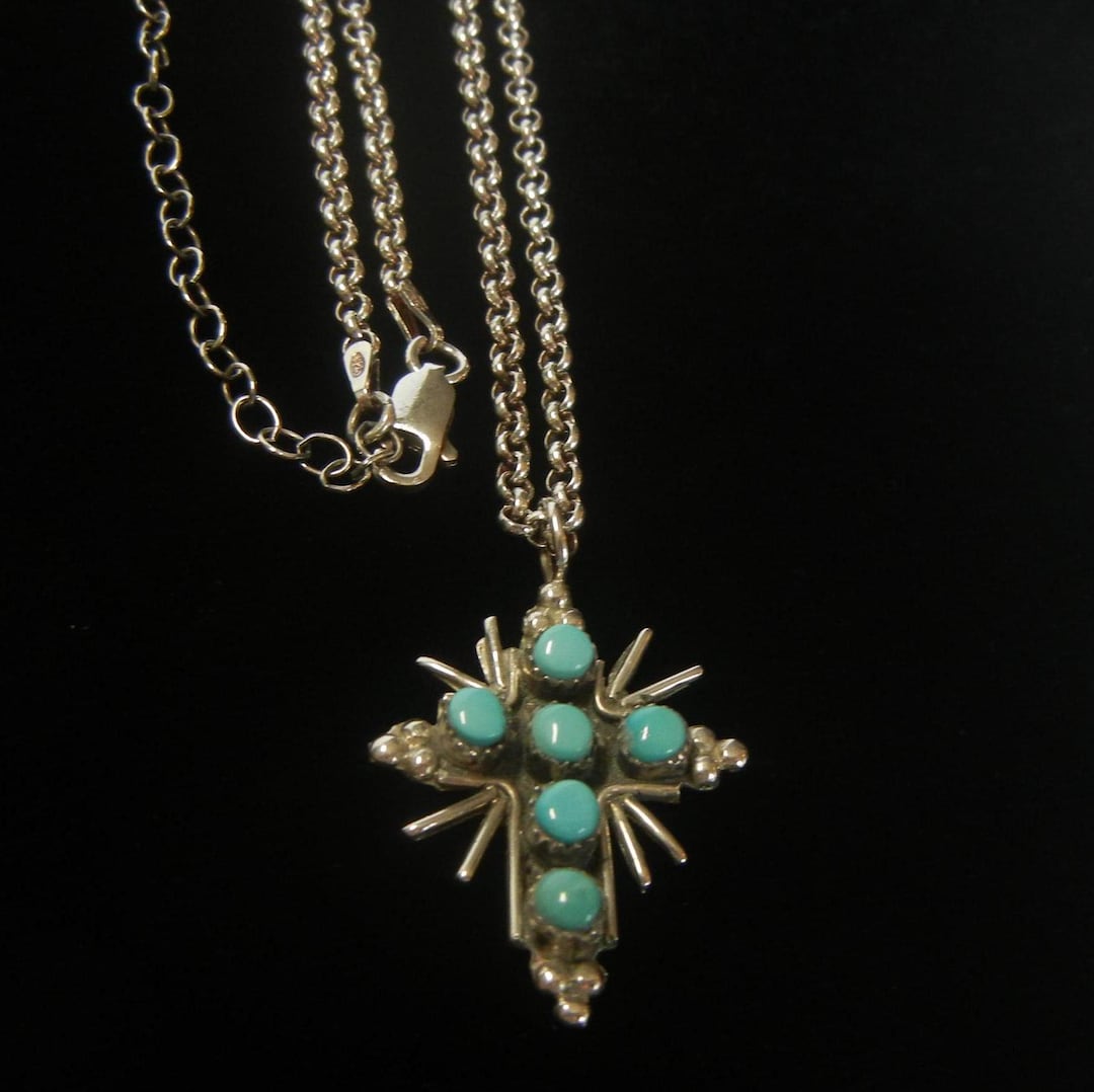 Navajo Turquoise Cross Pendant Necklace, Sterling Silver Rolo Chain - Etsy