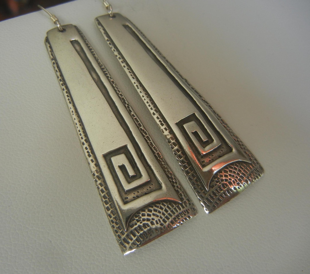 Hopi Elongated Greek Key Sterling Silver Earrings, 10.2 Grams, 2-1/2"x ...