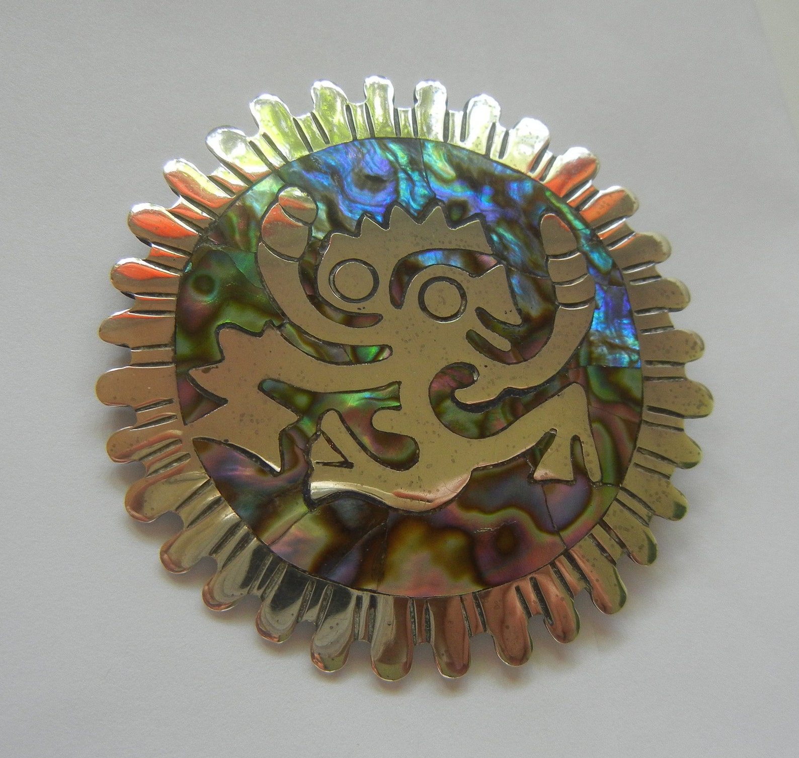 Sterling silver & abalone Aztec Ozomatli brooch 12.1 grams | Etsy