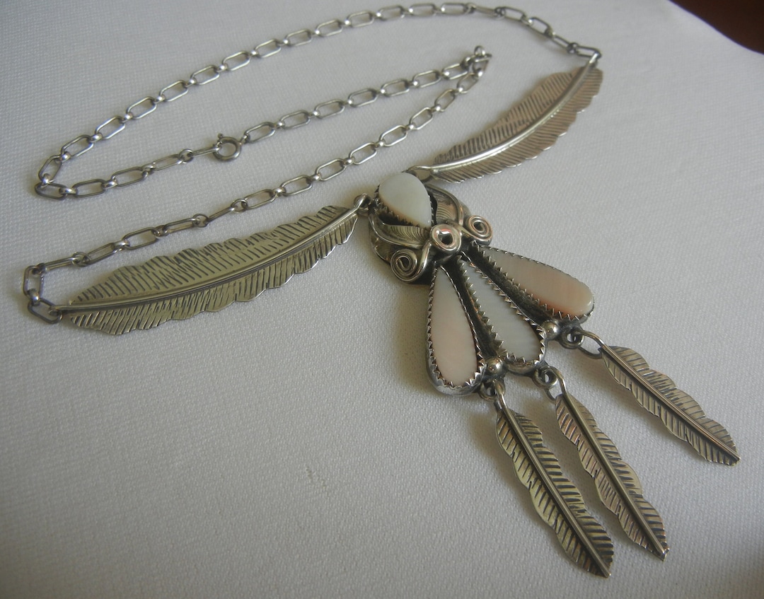 Steve Arviso Navajo Pink MOP Feather Necklace Sterling Silver 15.9 ...
