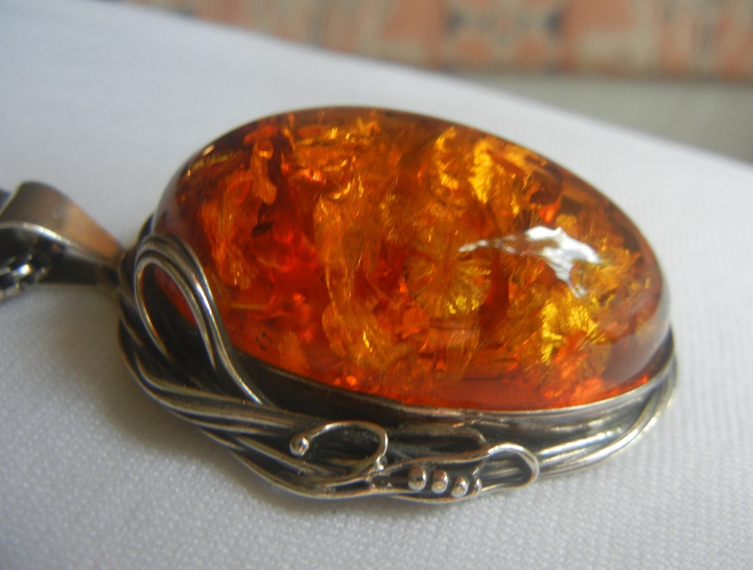 Large Domed Golden Amber Sterling Silver Pendant 2-1/4 & Silver Pebbled ...