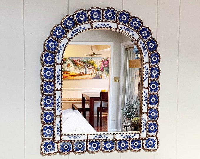 Arch Mirror, Spanish Peruvian Painted Glass Mirror, Blue and White Tile ...