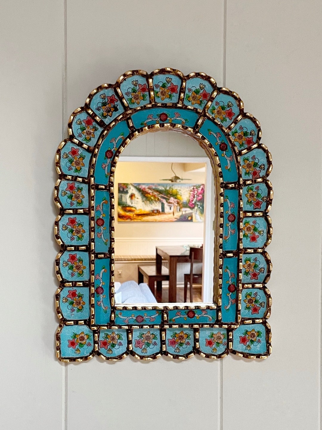 Aqua Blue Arch Mirror With Flowers, Mediterranean Arch Mirror, Spanish ...