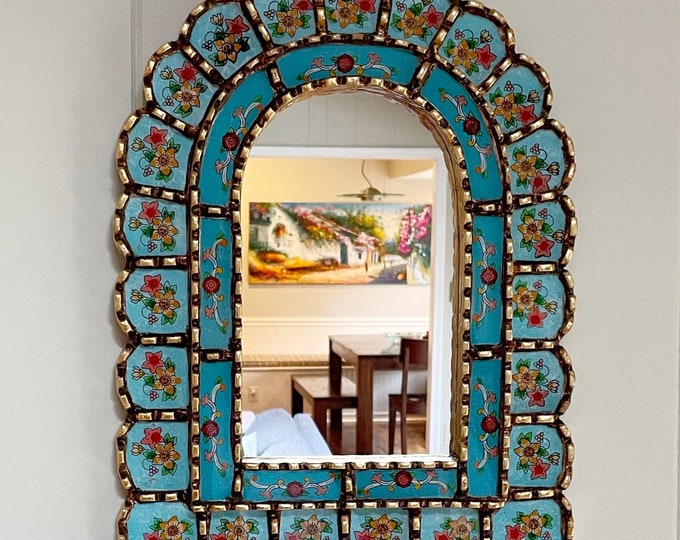 Aqua Blue Arch Mirror With Flowers, Mediterranean Arch Mirror, Spanish ...